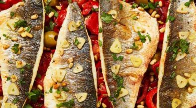 Mediterranean Sea Bass with Olives, Tomatoes and Peppers